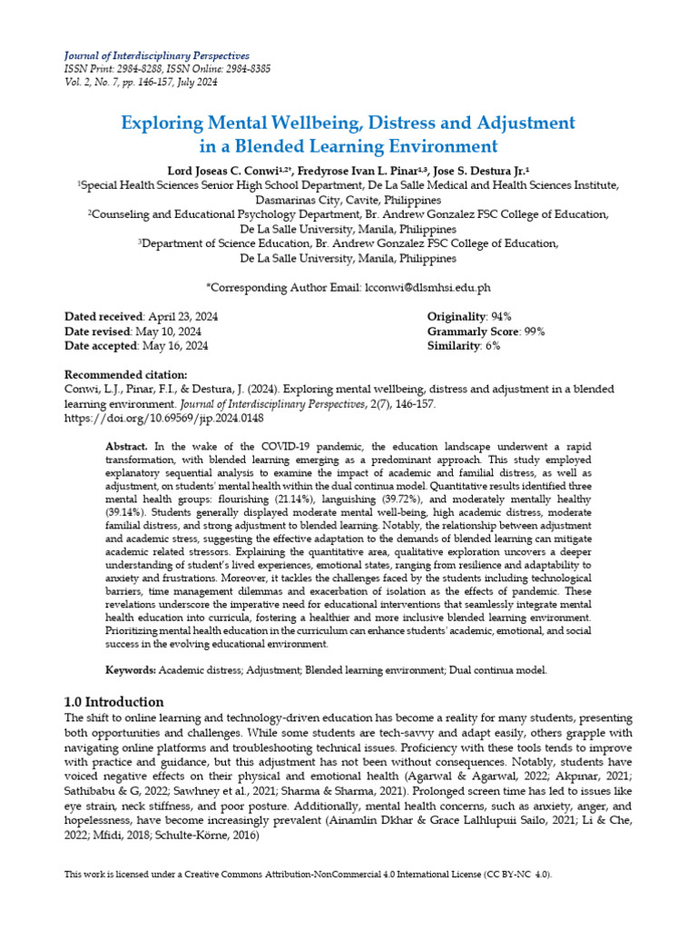 Exploring Mental Wellbeing, Distress and Adjustment in A Blended ...