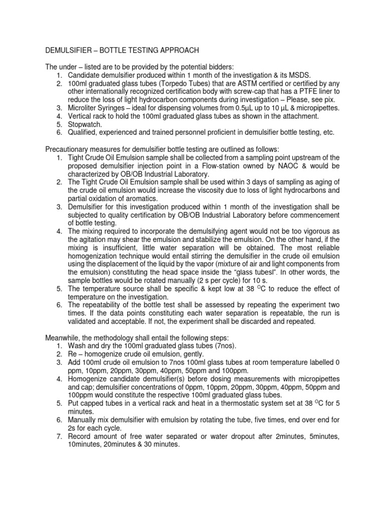 DEMULSIFIER BOTTLE TEST APPROACH AND HSE REQUIREMENTS - 03-05-2024 ...