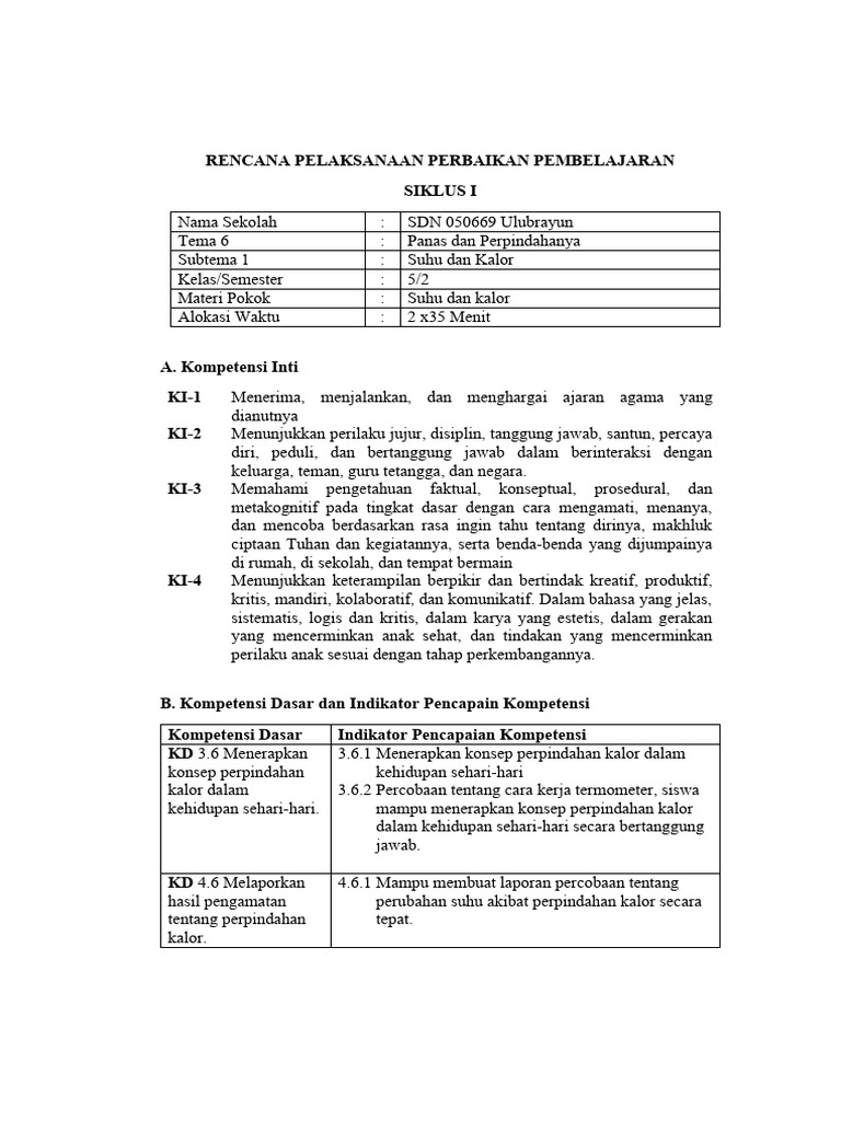 Contoh - RPP Ipa SD Siklus I | PDF