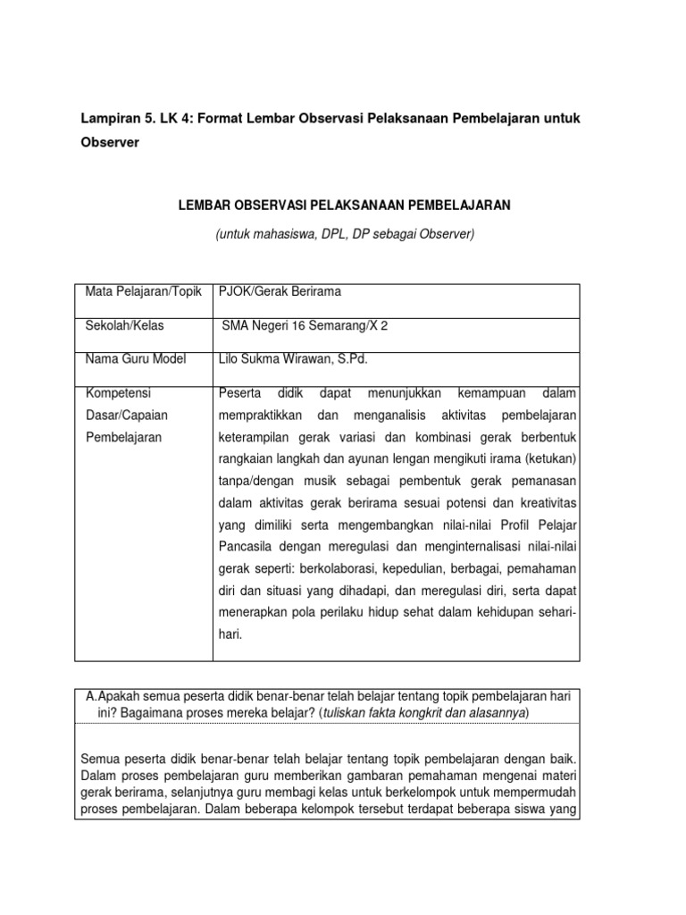 Lampiran 5. LK 4 Format Lembar Observasi Pelaksanaan Pembelajaran Uentuk Observer - Siklus 1 ...
