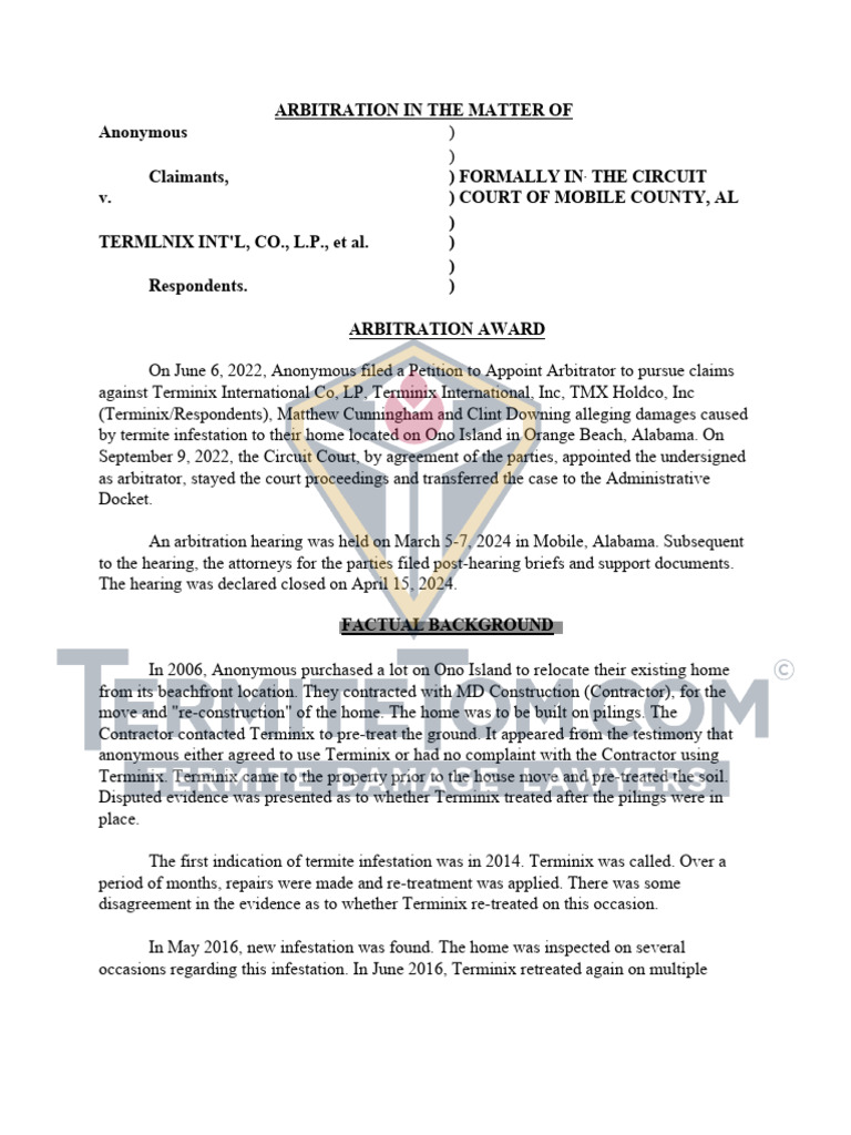 ANON V Terminix Final Award 2.6 Million | PDF | Damages | Negligence