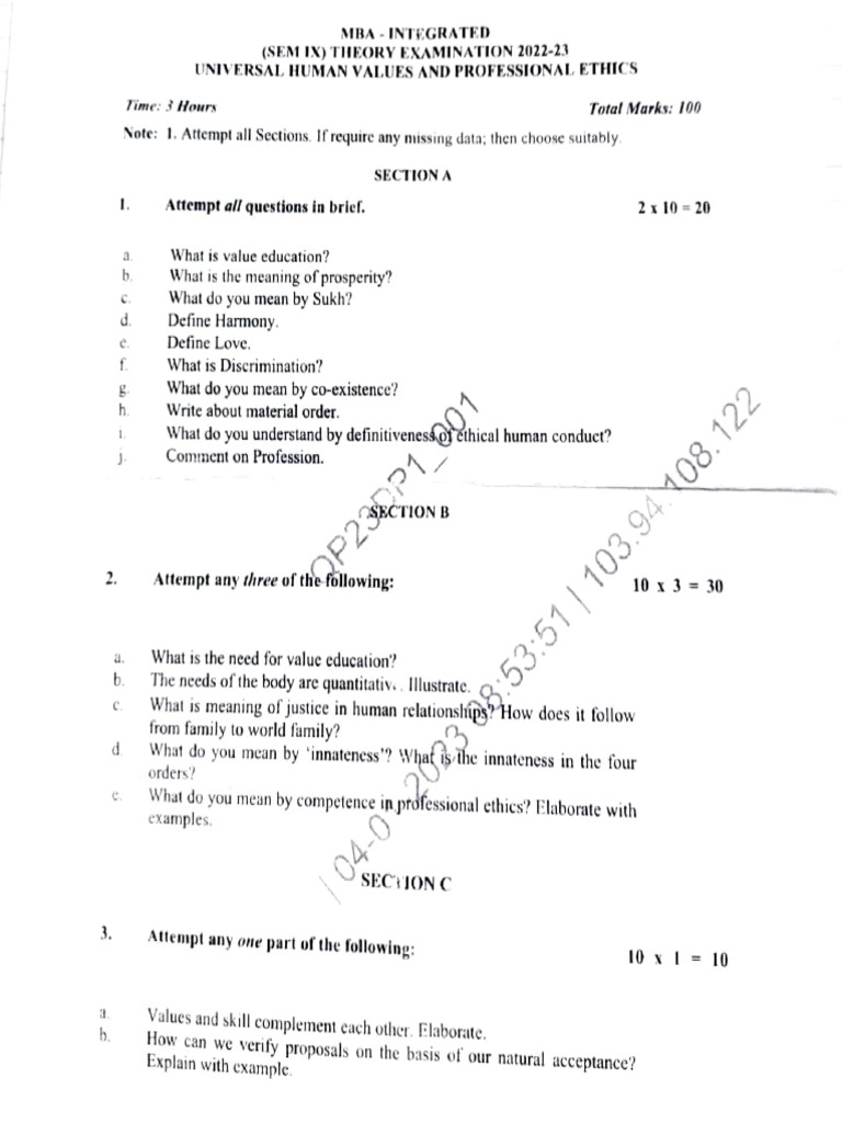Universal Human Value Previous Year Question Paper | PDF | Social Psychology