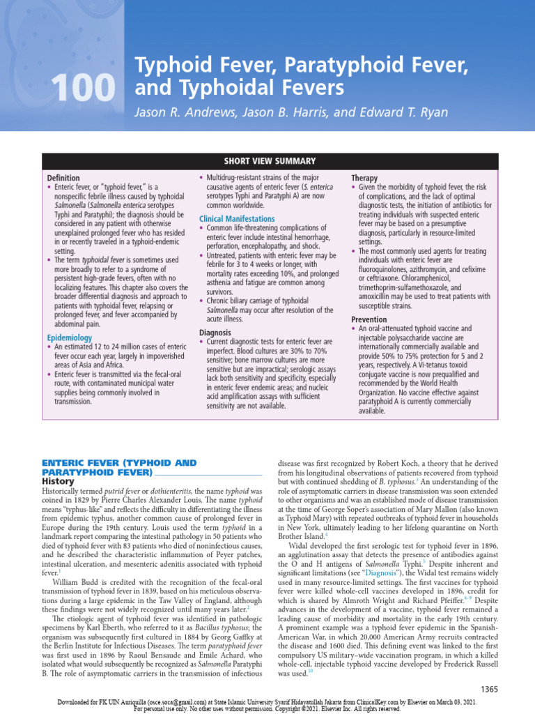 Typhoid Fever, Paratyphoid Fever, and Typhoidal Fevers - Mandell's N ...