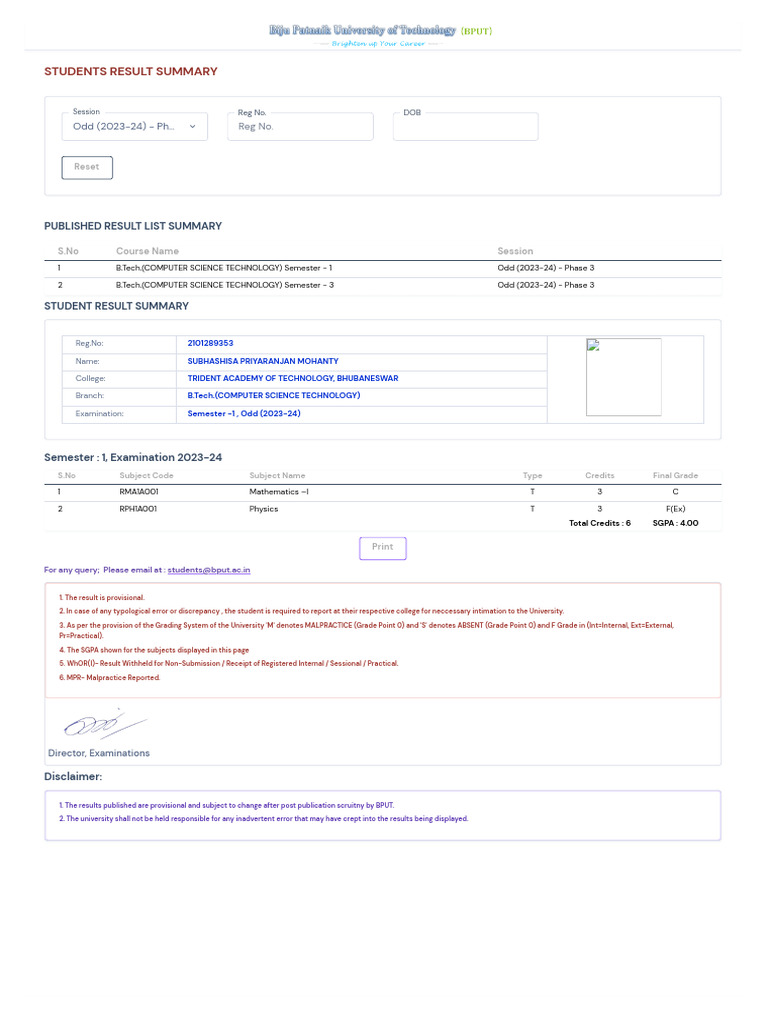 Bput Exams - Results | PDF | Science