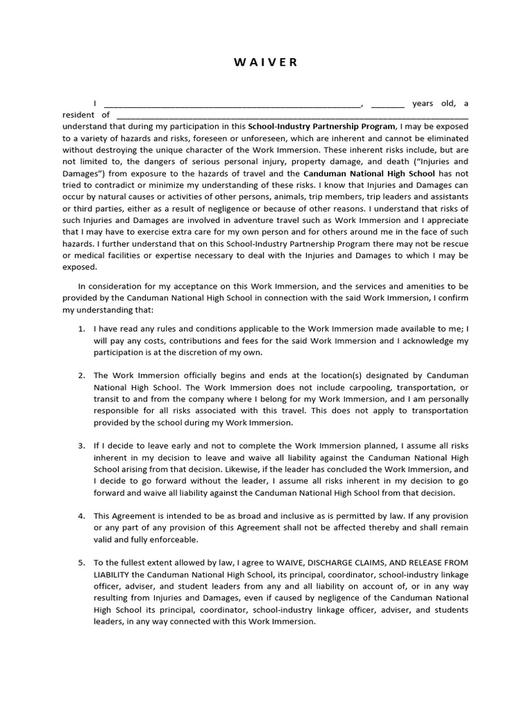 Work Immersion Waiver | PDF | Legal Liability | Damages