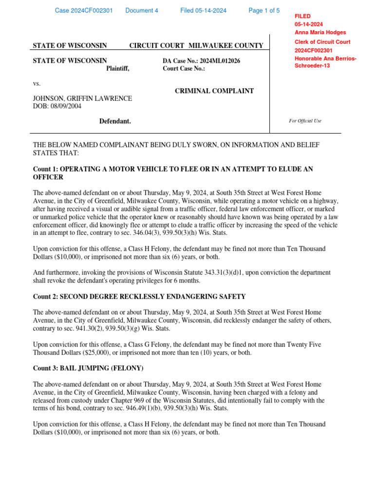 Griffin Johnson Criminal Complaint | PDF | Traffic | Wisconsin Circuit ...