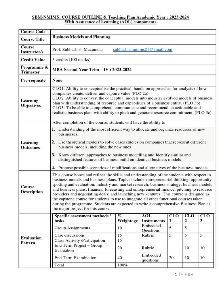 BES-Business Models and Planning-2023-24 | PDF | Business Model ...