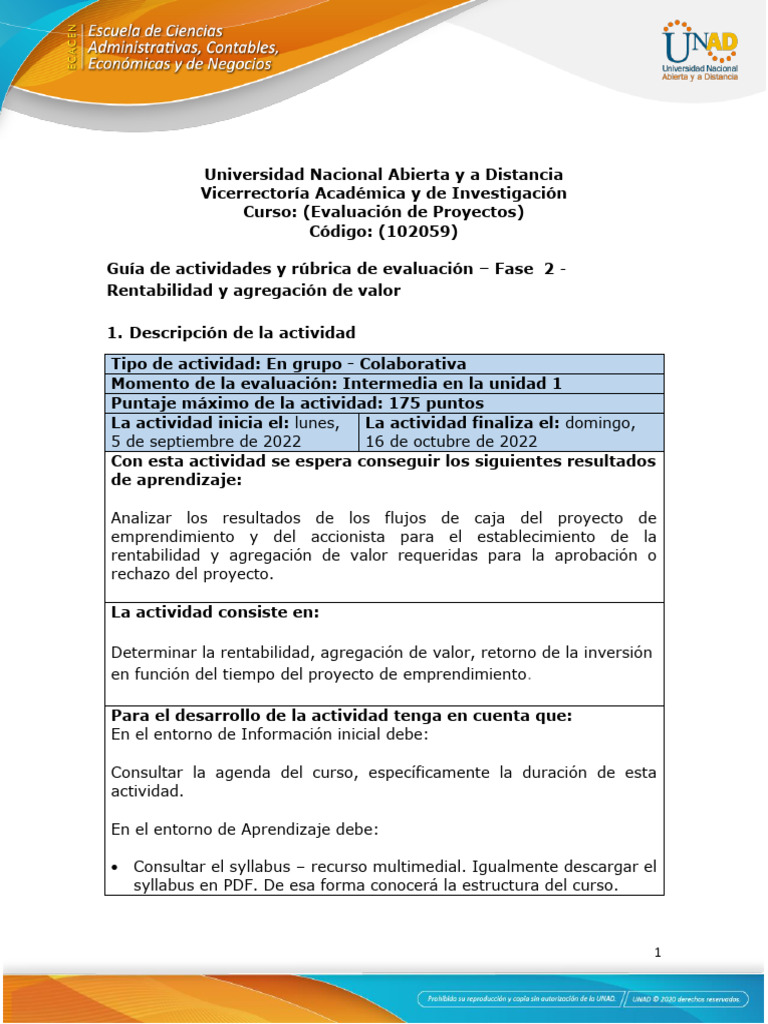Guía de Actividades y Rúbrica de Evaluación - Unidad 1 - Fase 2 - Rentabilidad y Agregación de ...