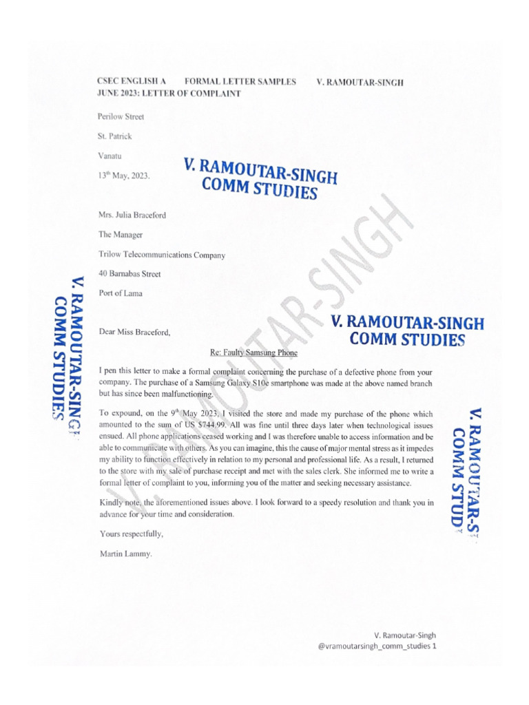 Csec Eng A Formal Letter Sample v. Ramoutar-Singh | PDF