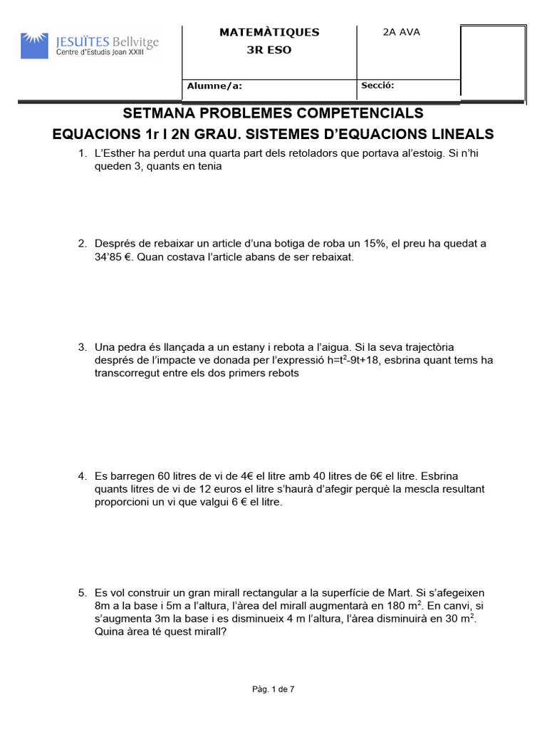 Setmana Problemes Competencials Equacions 1R I 2N Grau. Sistemes D ...
