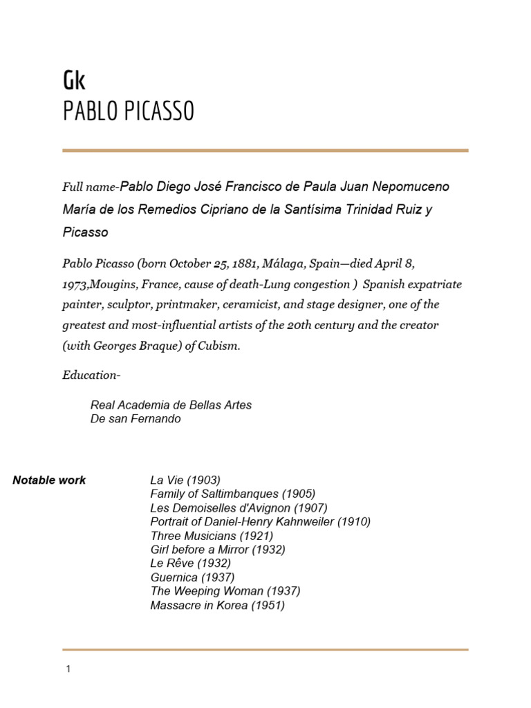 Pablo Picasso: Life and Legacy | PDF