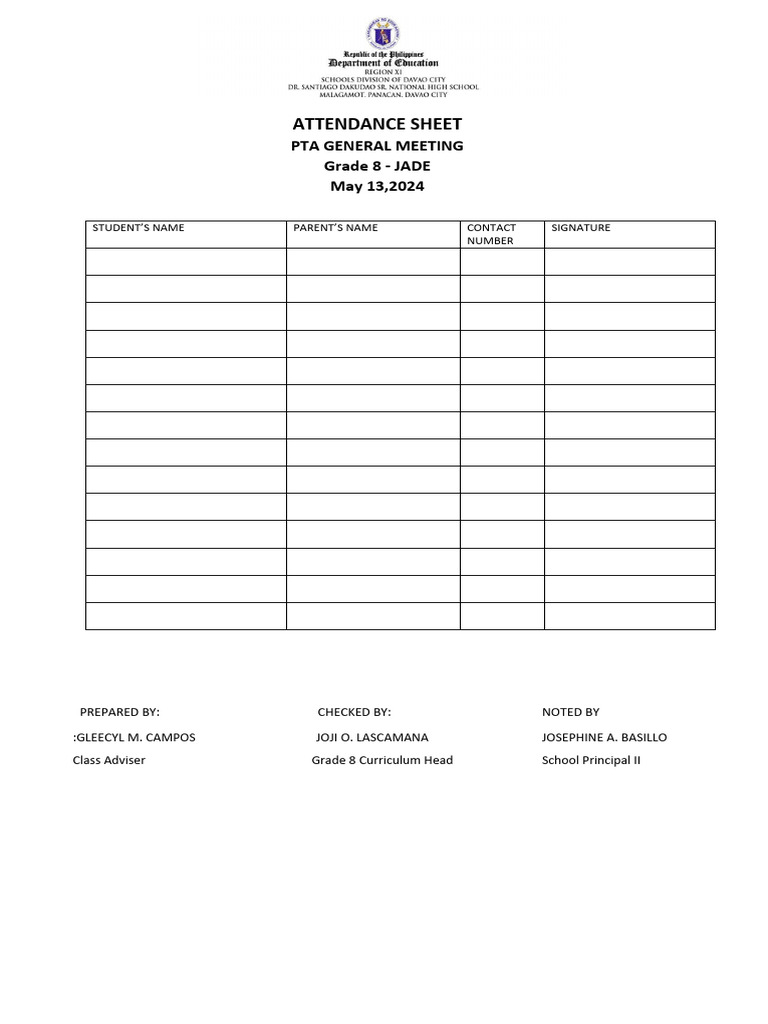 Grade 8 PTA Meeting Attendance Sheet | PDF