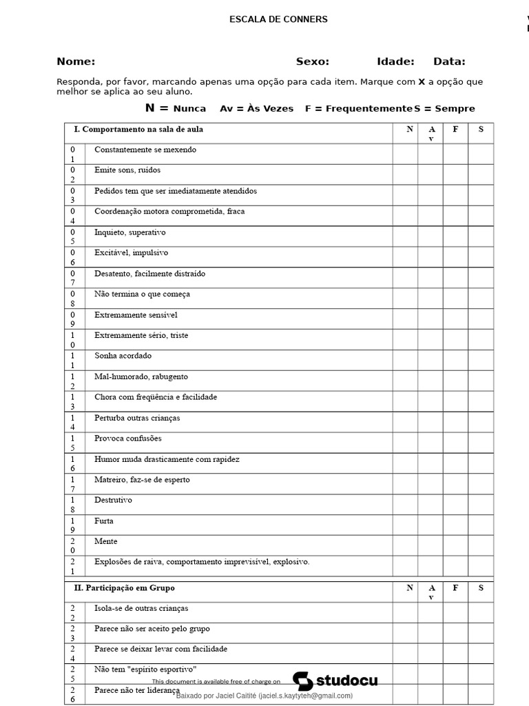 Escala de Conners - Versão para Professores | PDF | Transtorno de ...