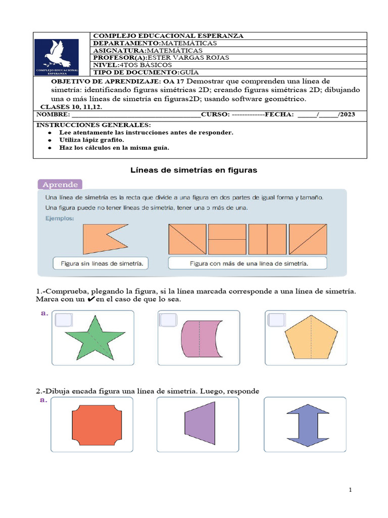 Guía 2 Clases 10,11,12 4°BÁSICO Simetría | PDF | Simetría | Geometría