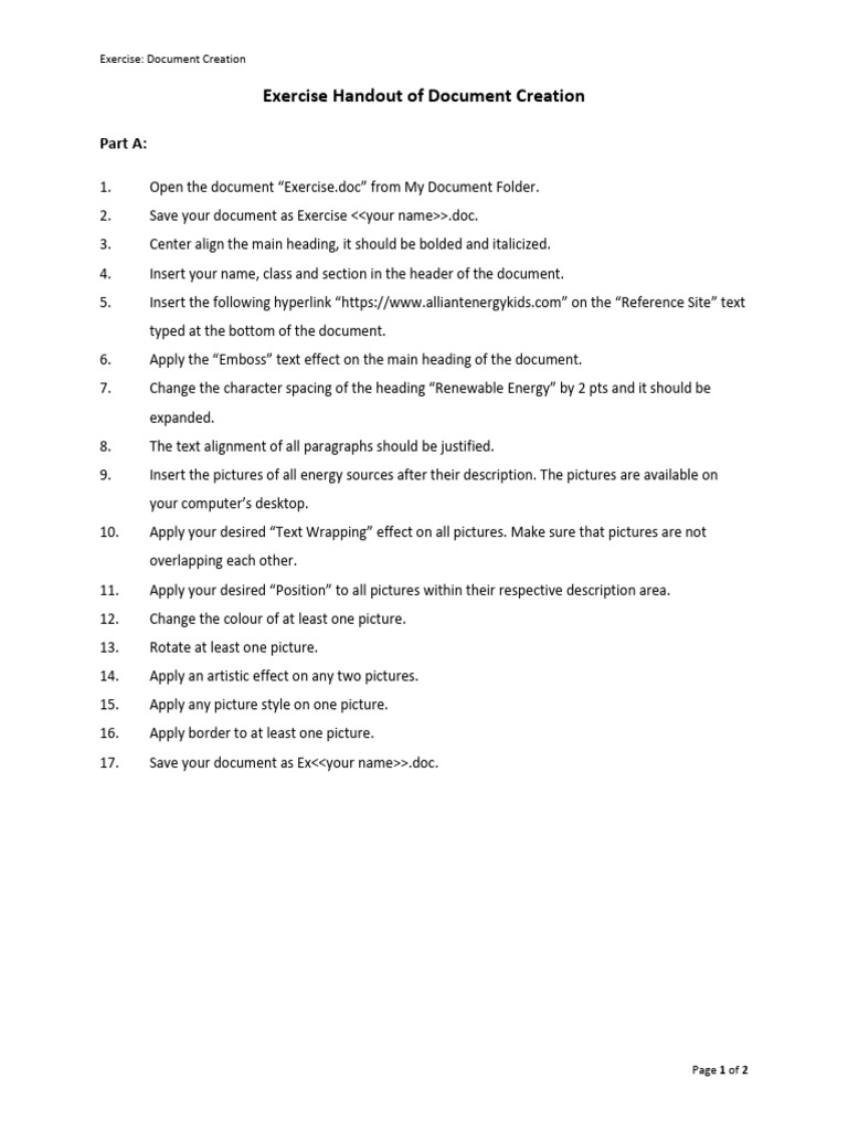 Document Creation Exercise for Class 6 | PDF | Computer File | Paragraph