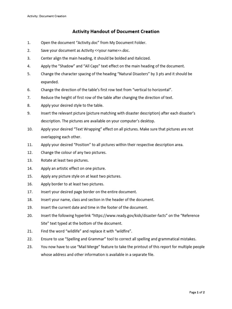 Document Creation - Activity Handout | PDF | Written Communication ...