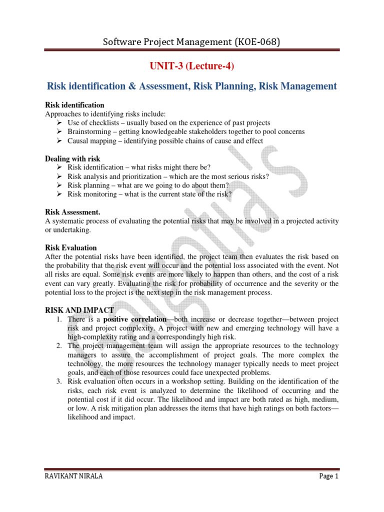 Software Project Management Unit-3 - 4 | PDF | Risk | Risk Management
