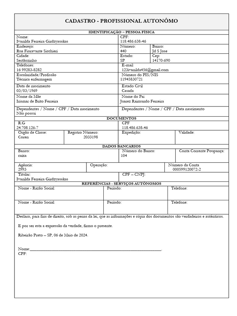 Ficha Cadastral Autonomo - Inss - Rpa | PDF | Férias trabalhistas | Business