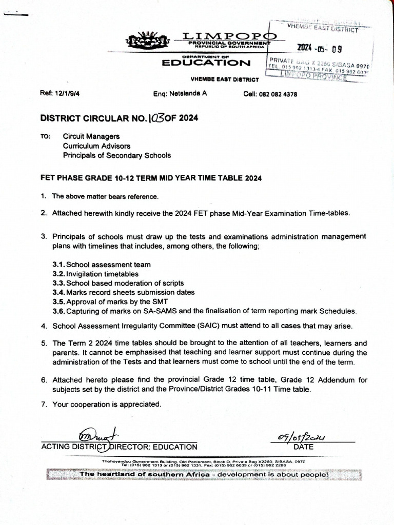 Term 2 Fet Time Table Circular GR 10-12 Term 2 District Circular No - 103 of 2024 | PDF ...