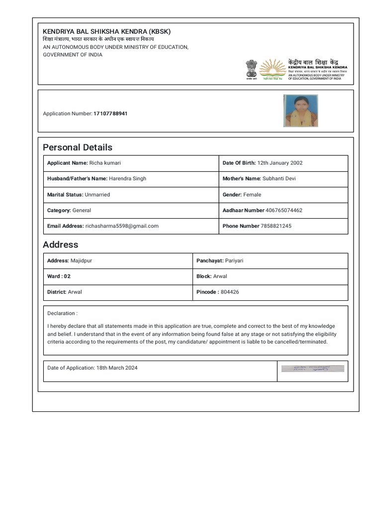 Kendriya Bal Shiksha Kendra (KBSK) - Application Forms | PDF