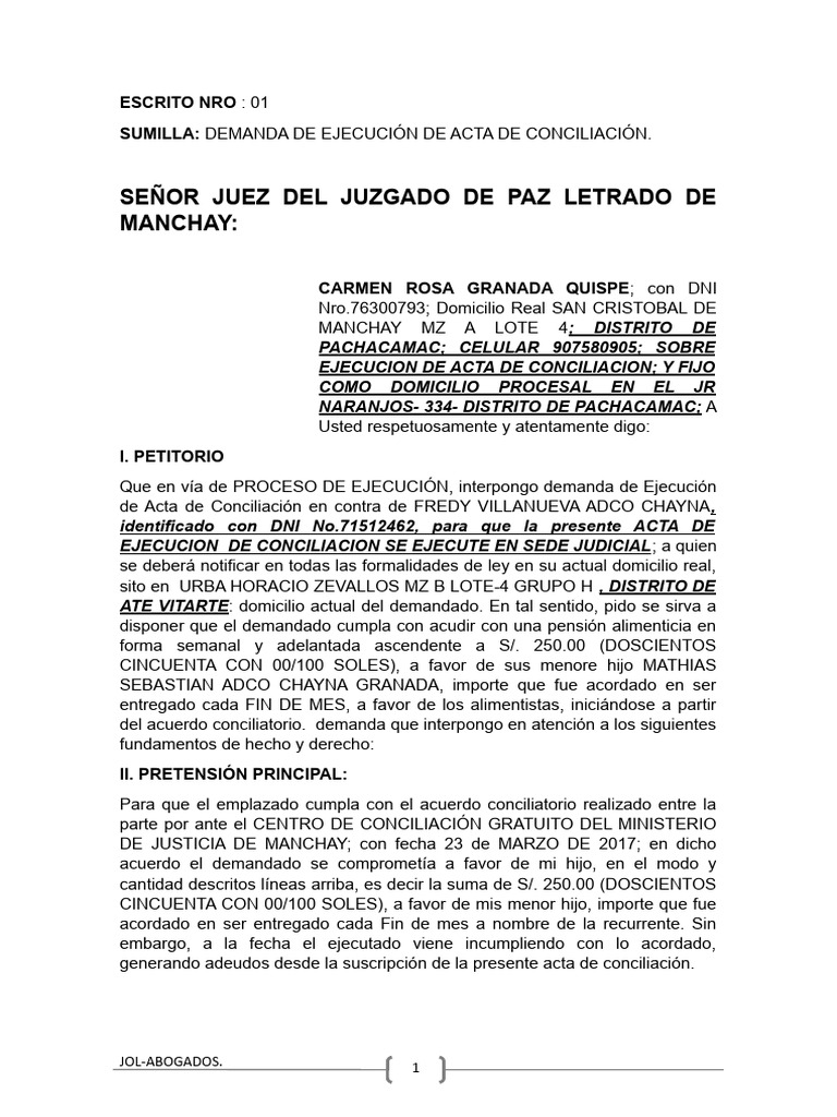 Demanda Ejecucion de Acta de Conciliacion Sra Carmen Granada | PDF ... Demanda Ejecucion de Acta de Conciliacion Sra Carmen Granada | PDF ...