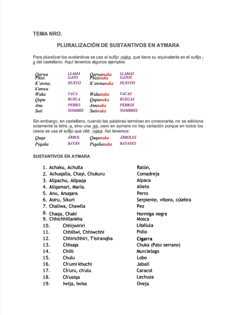 Pluralización de Sustantivos en Aymara | PDF | Zoología