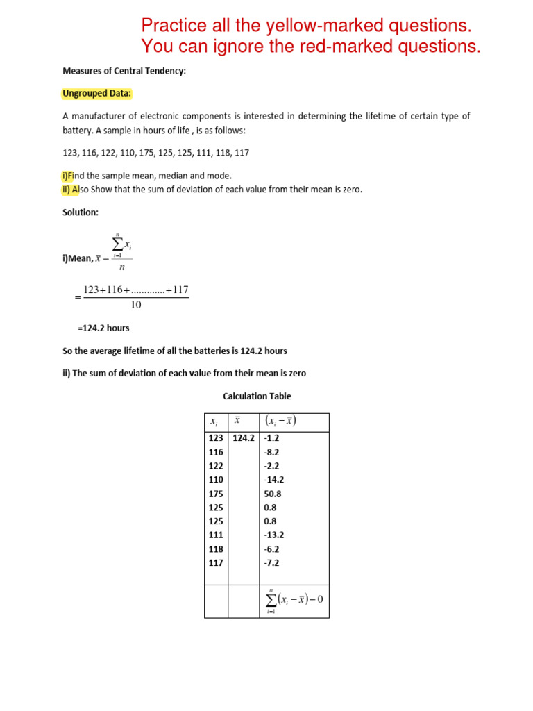 Practice Problem And Solution Central Tendency And Dispersion Pdf