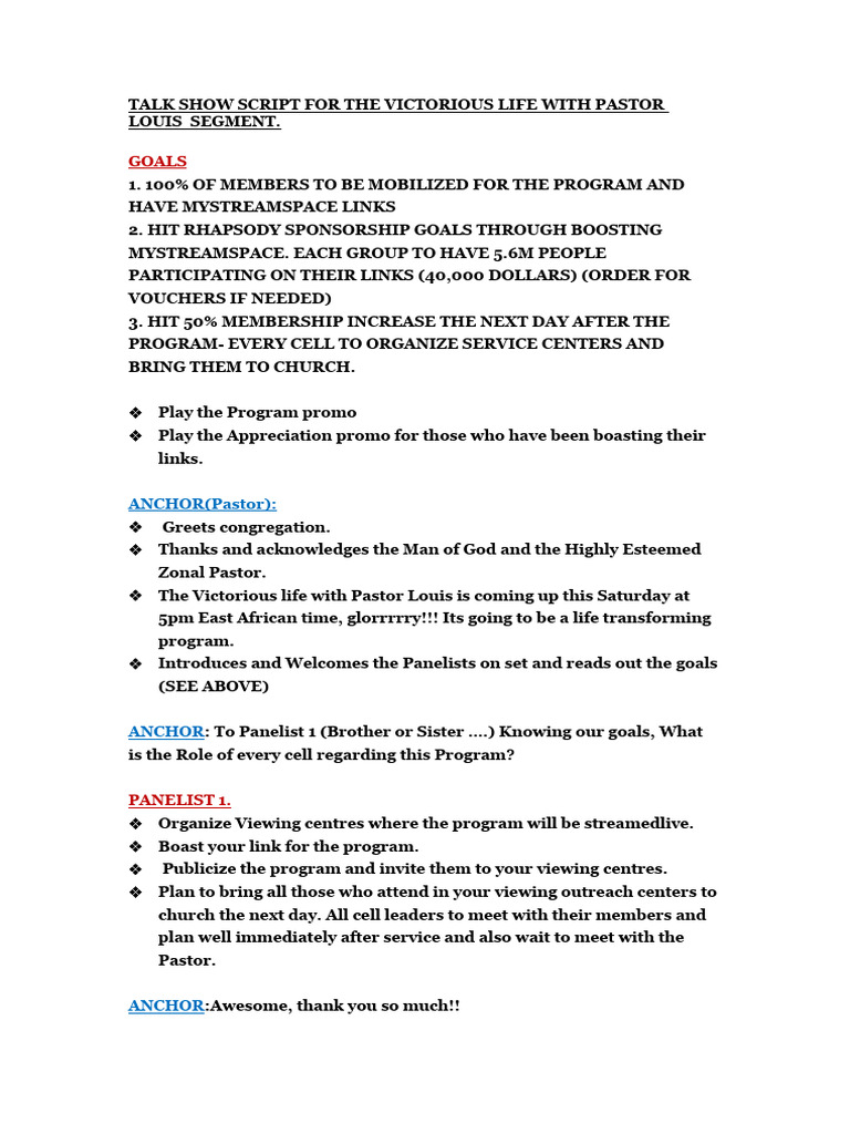 Talk Show Script For The Victorious Life With Pastor Louis (Mega TV ...