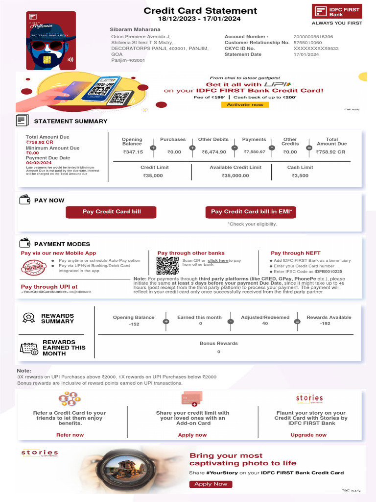 IDFC FIRST Bank - Credit Card - Statement - 17012024 | PDF | Credit ...