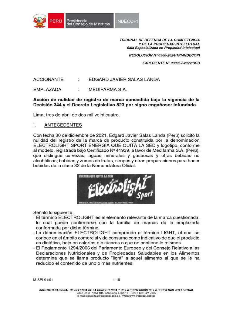 RESOLUCIÓN #0360-2024 - TPI-INDECOPI Marcas Engañosas Electrolight | PDF | Marca | Dieta