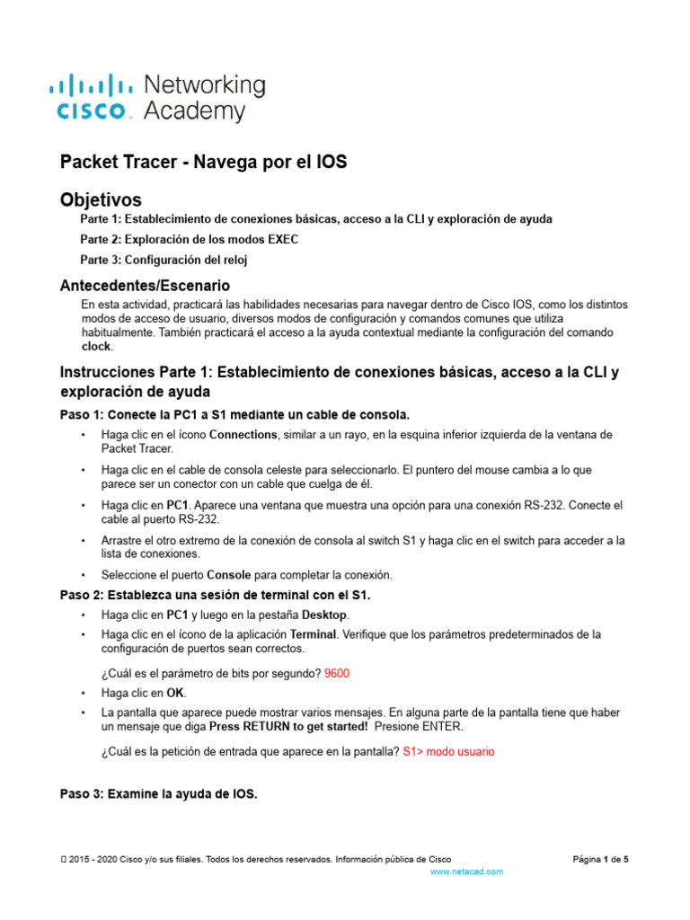 2.3.7 Packet Tracer - Navigate The Ios - Es XLAT | PDF | Interfaz de línea de comando | Equipo ...
