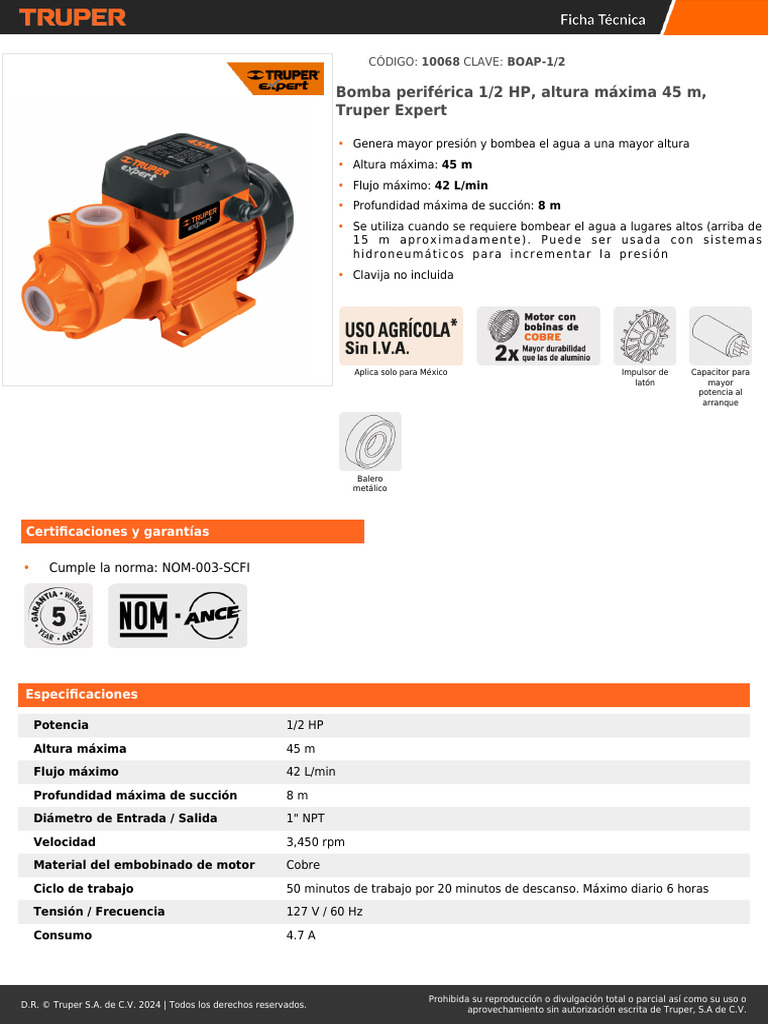 Bomba Periférica 1/2 HP, Altura Máxima 45 M, Truper Expert: CÓDIGO ...