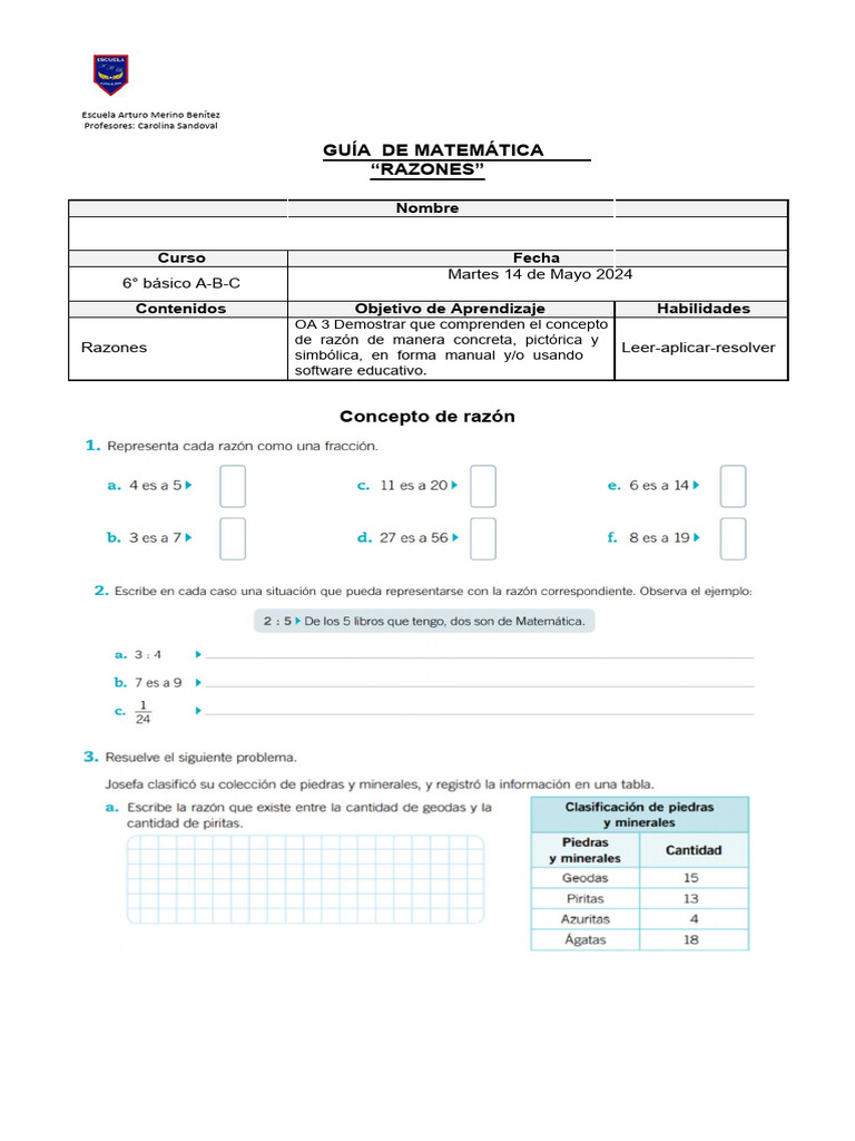 Guía de Matemática: Razones 6° Básico | PDF | Aprendizaje | Cognición