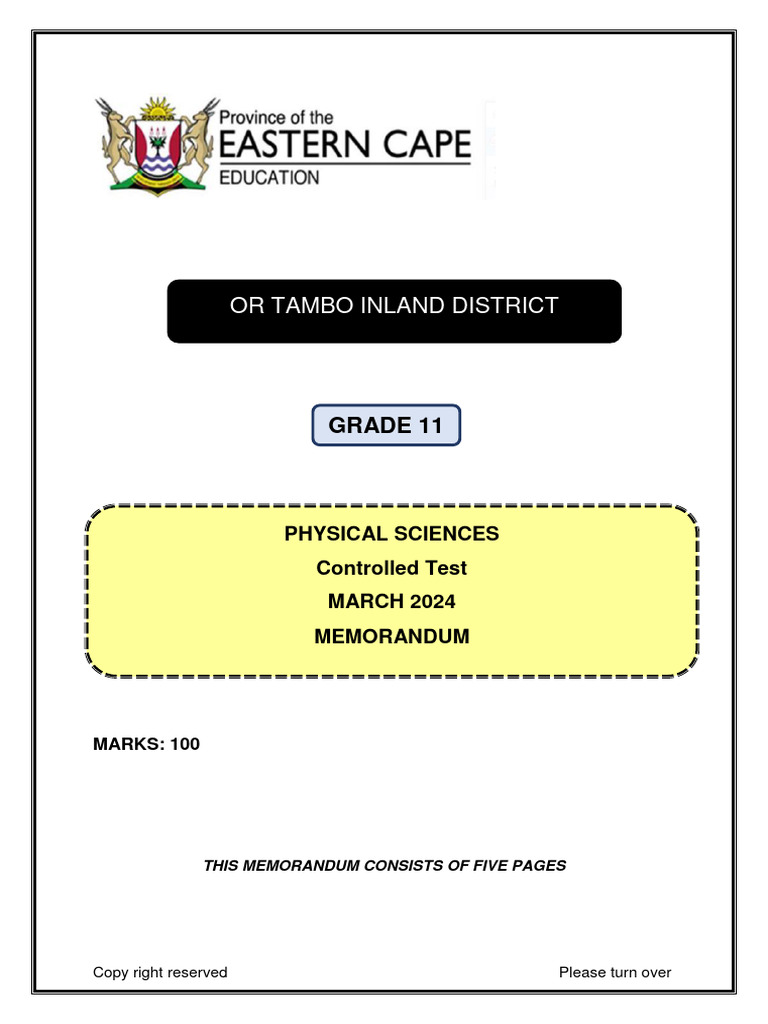 Physical Sciences Memo Mar-2024 Grade 11 Controlled Test | PDF | Force ...