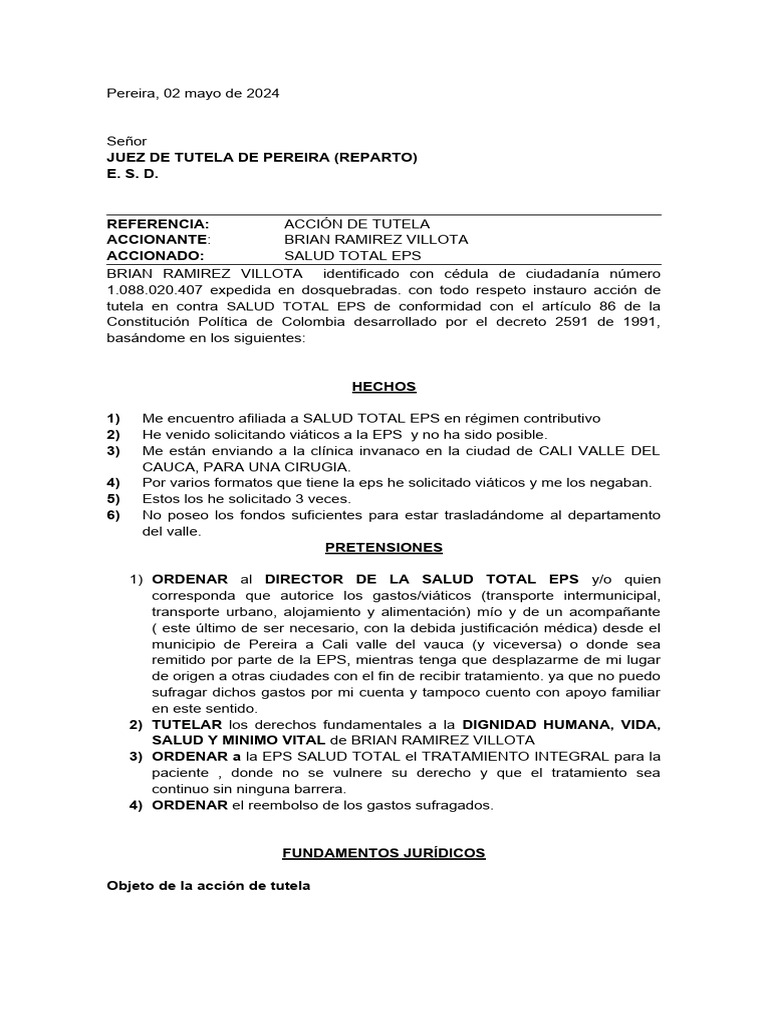 Tutela Viaticos Salud Total Brian | PDF | Caso de ley | Derecho Constitucional
