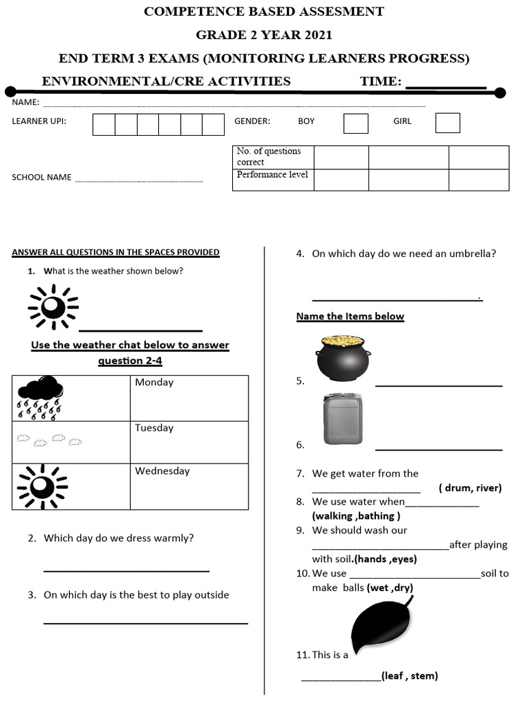 Grade 2 Environmental Activities End of Term 3 Examination Wygt07 | PDF