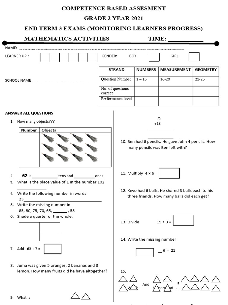 Grade 2 Math Exam 2021 End Term 3 | PDF | Mathematics
