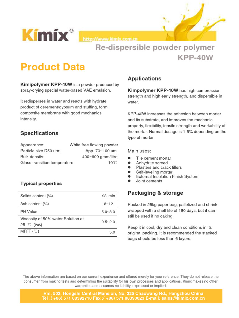 Ficha Tecnica Polimero Redispensable KPP 40W Kimix | PDF | Mortar ...