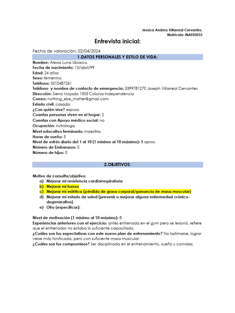 i9CNcqk6 Tarea 1 Entrevista Inicial y Biomecanica Javc | PDF | Obesidad | Aptitud física