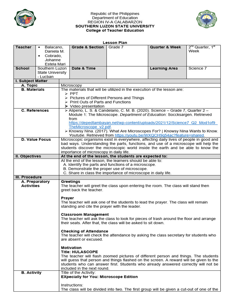 Lesson Plan Micros | PDF | Lenses | Laboratory Equipment