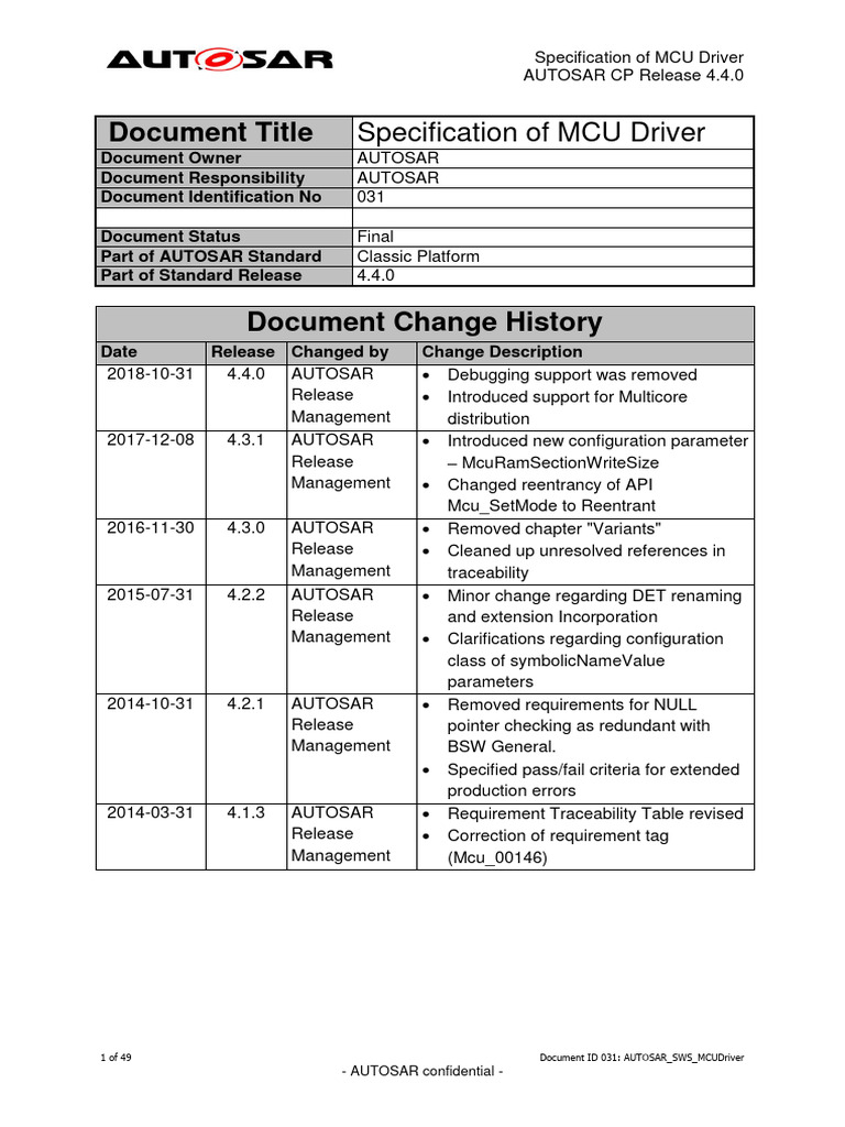 AUTOSAR SWS MCUDriver | PDF | Microcontroller | Specification (Technical Standard)