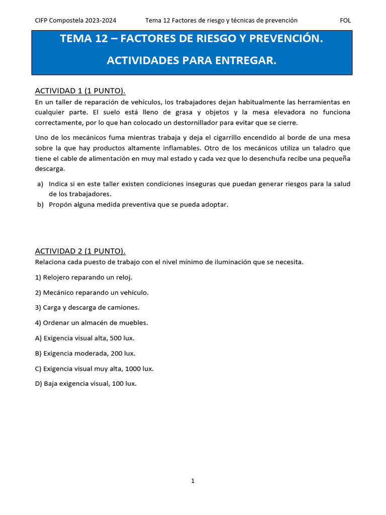 FOL Tema 12 PRL Factores de Riesgo y Técnicas de Prevención - Actividades para Entregar | PDF ...