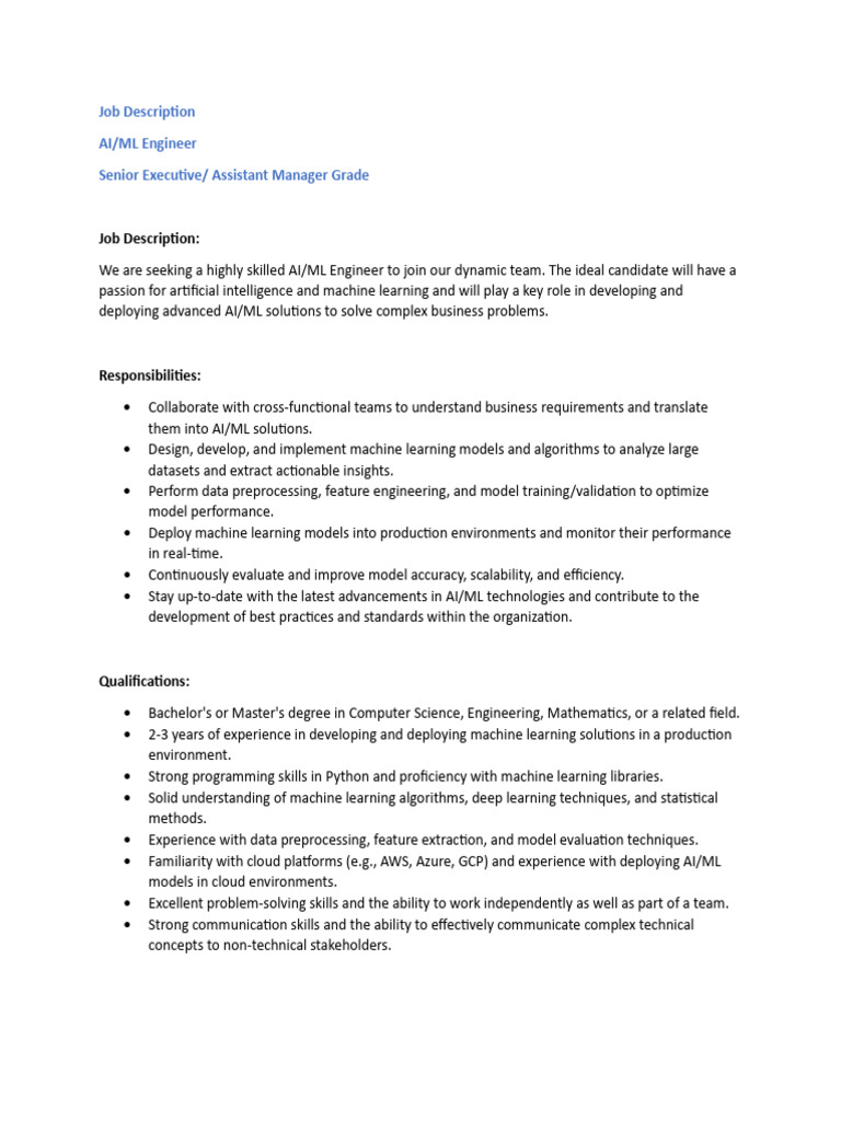 JD - AIML Engineer | PDF JD - AIML Engineer | PDF
