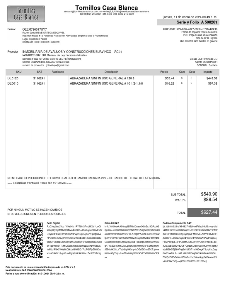 Serie y Folio A 508201: Sello Digital Sello Del SAT Cadena Complemento ...
