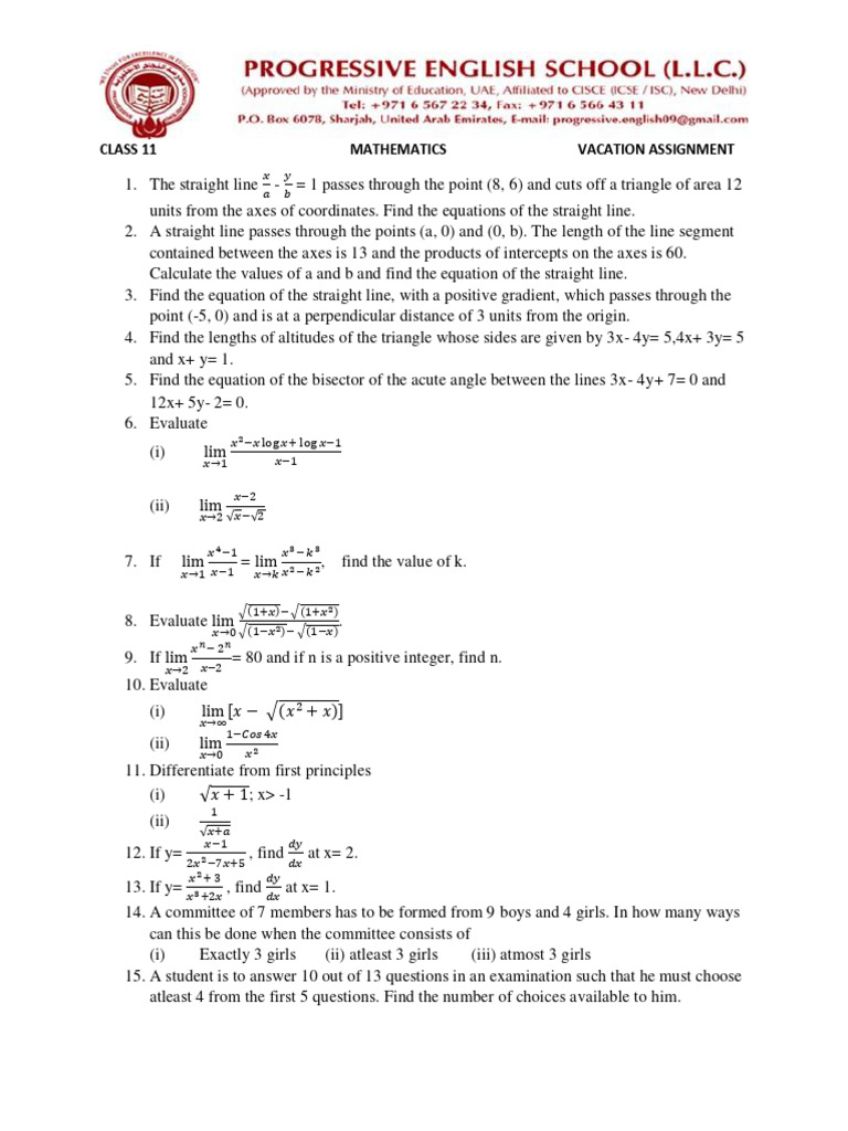 Math Vacation Assignment Grade11 | PDF | Line (Geometry) | Triangle