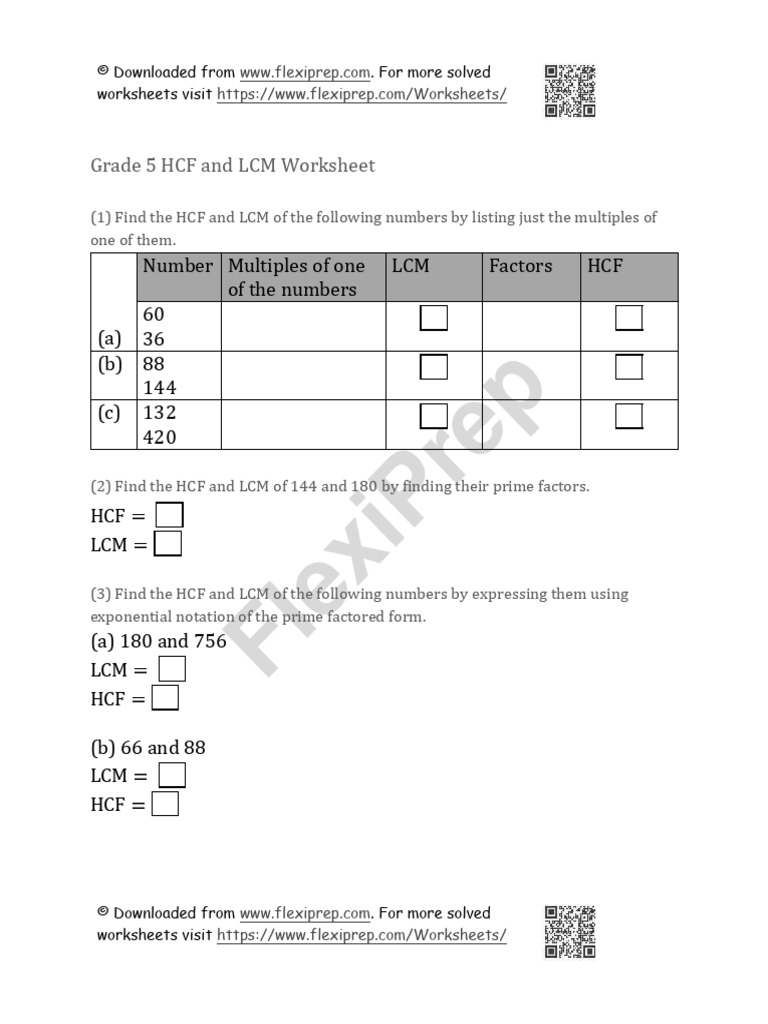 Grade 5 HCF and LCM Worksheet | PDF | Abstract Algebra | Algebra