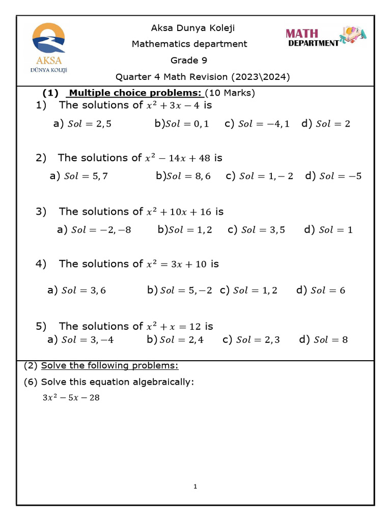 Quarter 4 Grade 9 Revision | PDF | Area | Equations
