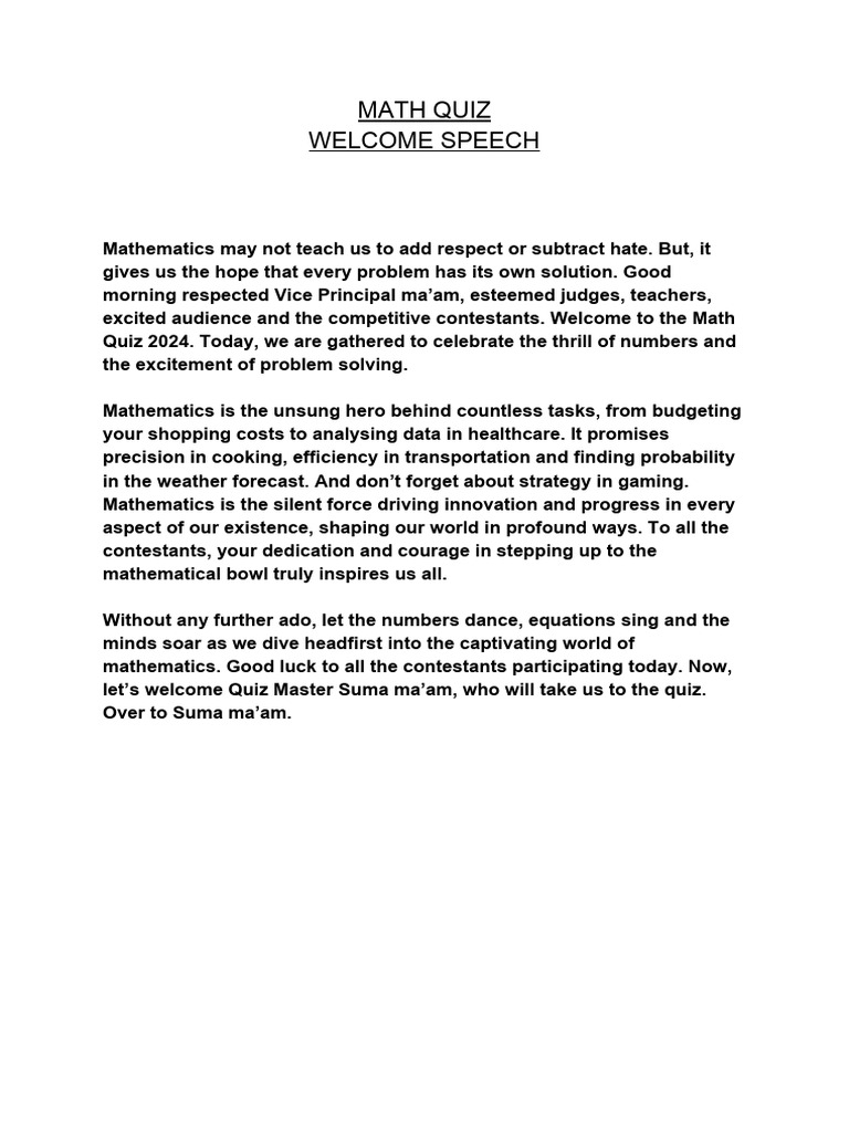 Welcome Speech for Math Quiz 2024 | PDF