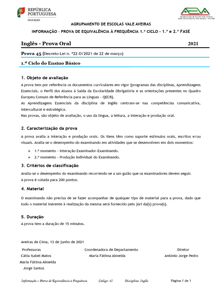 45 Inglês Informação Prova Oral 1.º Ciclo 2021 | PDF