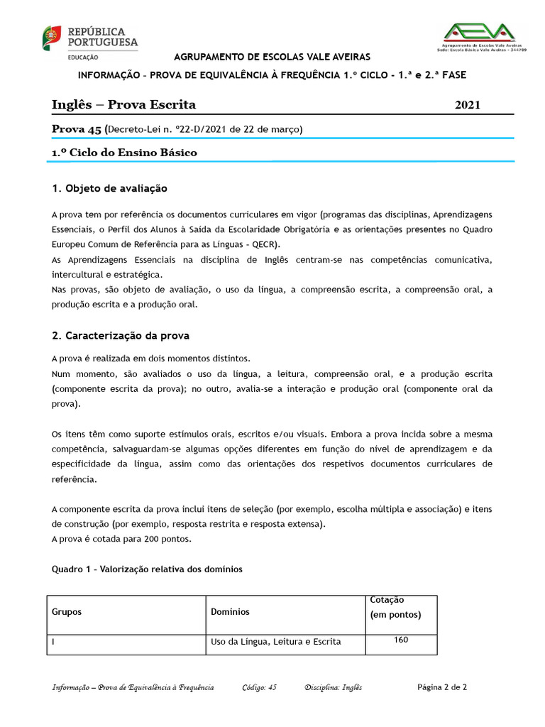 45 Inglês Informação Prova Escrita 1.ºciclo 2021 | PDF | Aprendizado